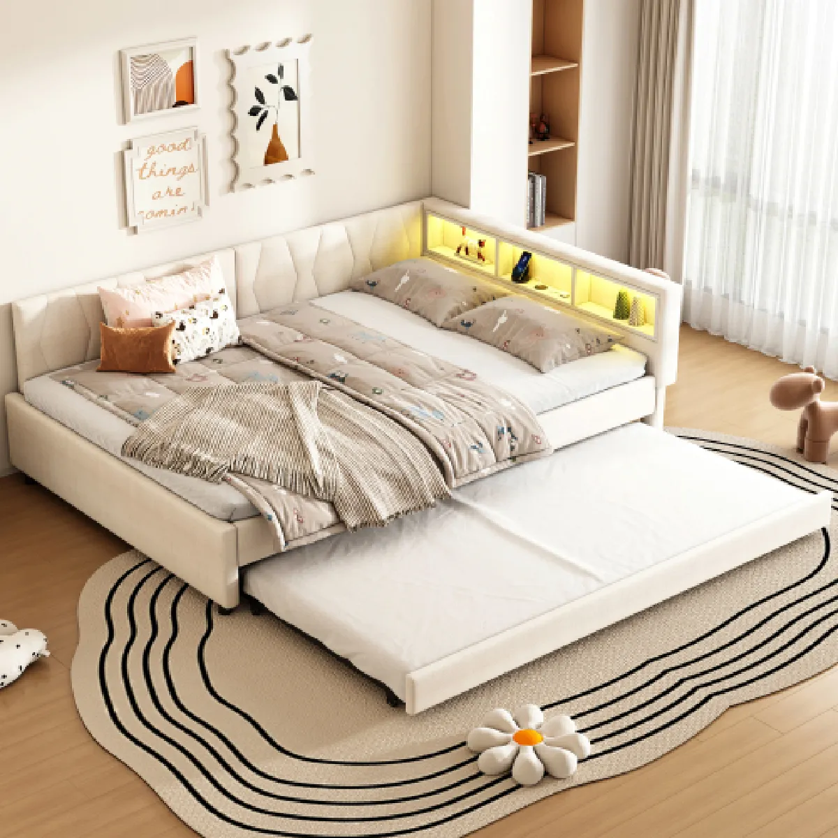 modfu Lit gigogne 140x200 cm avec ports USB et Type C, LED, en lin ...