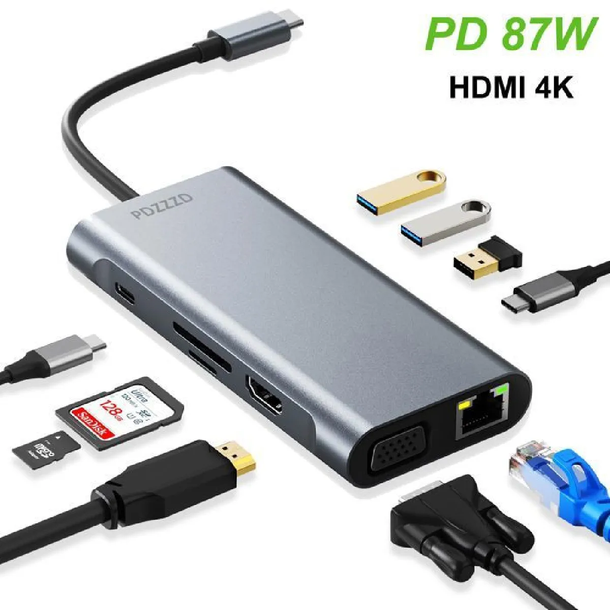 DZMDIP Hub USB C, 10 en 1 Adaptateur USB-C vers 4K HDMI/VGA, Port PD 87W, USB 3.0 et 2.0 ...