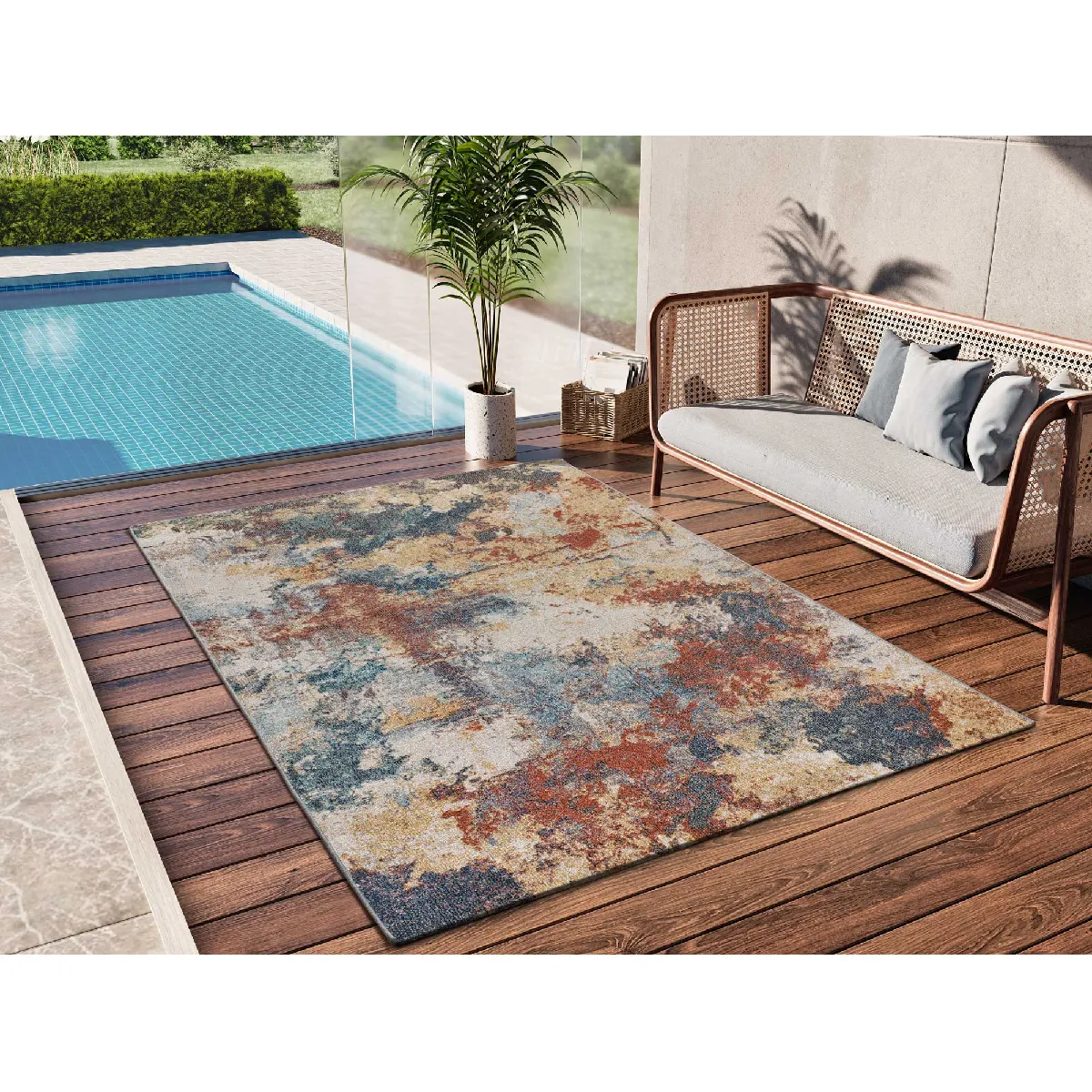 ATTICGO Tapis extérieur abstrait LUNA bleu/beige/rouille 80x150 cm ...