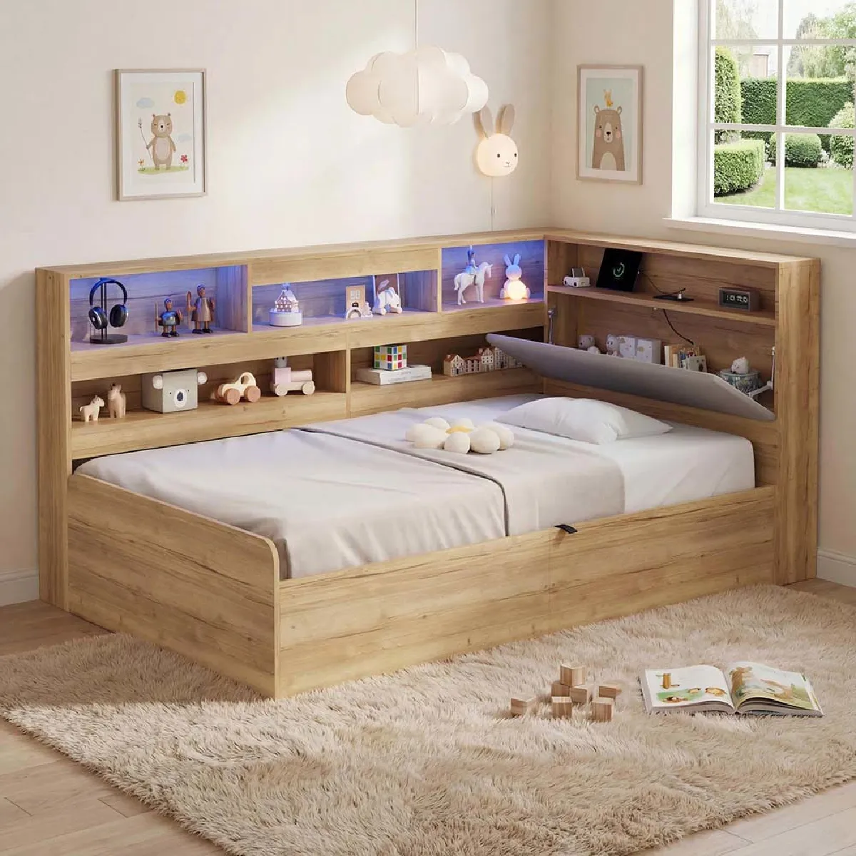 Pugsdrly Structure de lit avec rangement 90 x 200 cm - Couleur bois ...