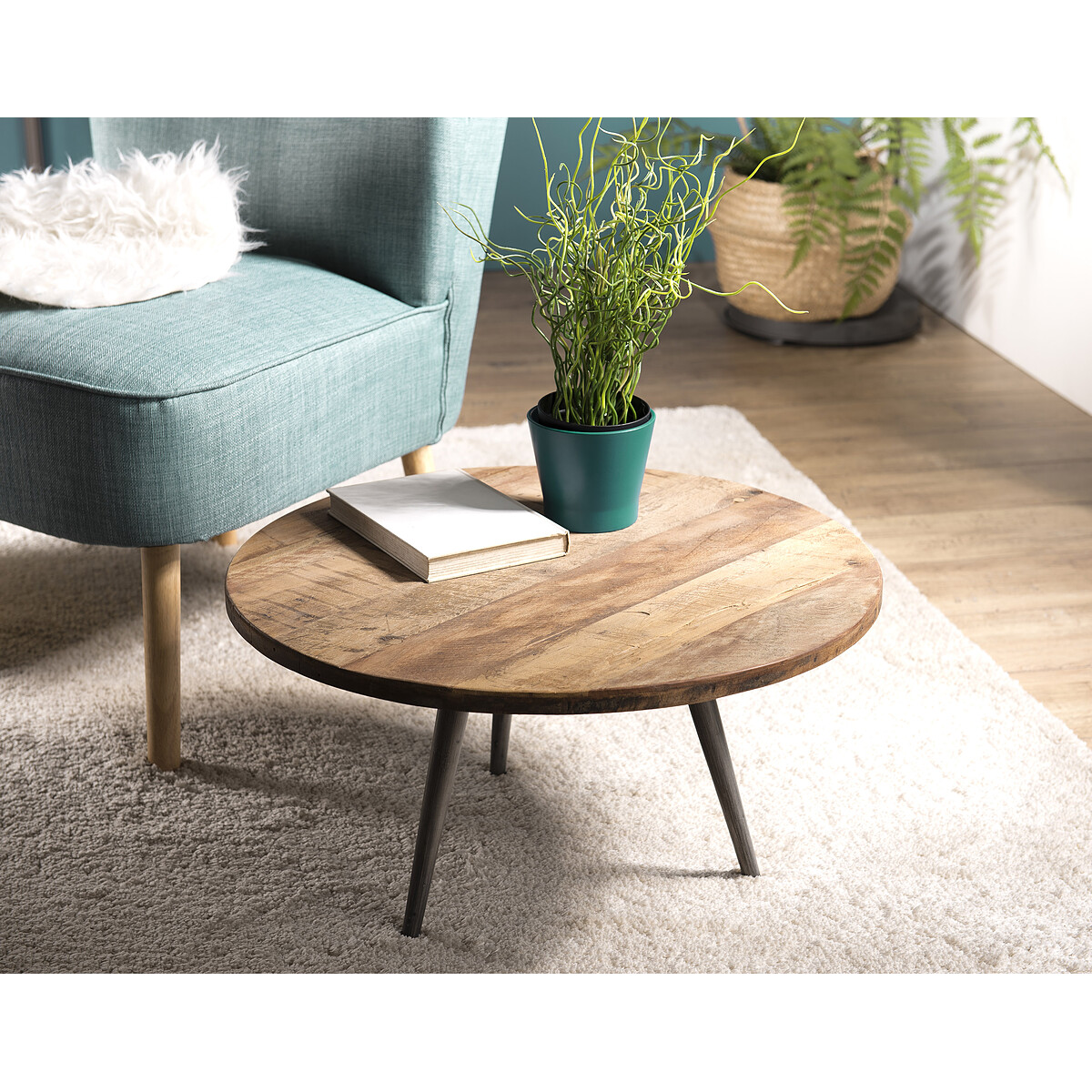MACABANE Table d'appoint ronde 55 cm bois de Teck recyclé et pieds ...