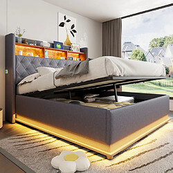 modfu Lit coffre 160x200 cm avec LED et USB Type-C, en lin, gris - Lit ...