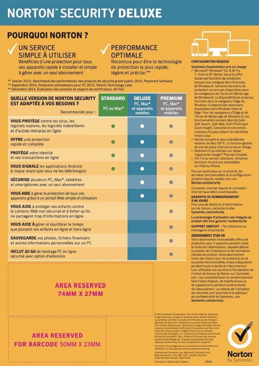 Symantec NORTON SECURITY 2019 DELUXE (3 appareils / 1 an) - Antivirus ...